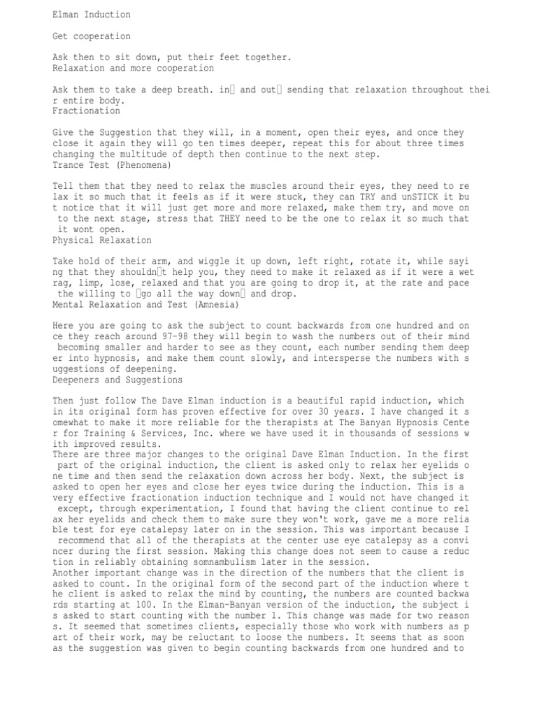 Elman Induction Hypnosis | PDF | Relaxation (Psychology) | Hypnosis