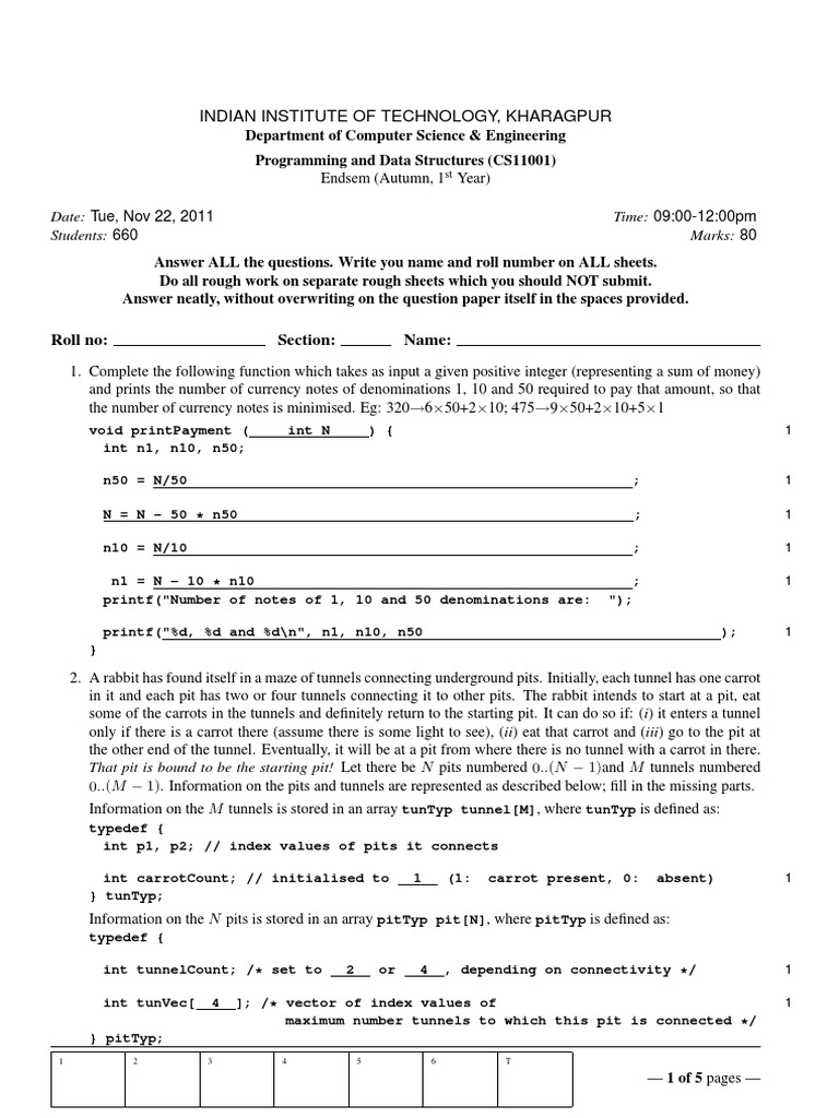 IIT KHARAGPUR DEPT OF CSE PDS ENDSEM EXAM | PDF | Pointer (Computer Programming) | Subroutine