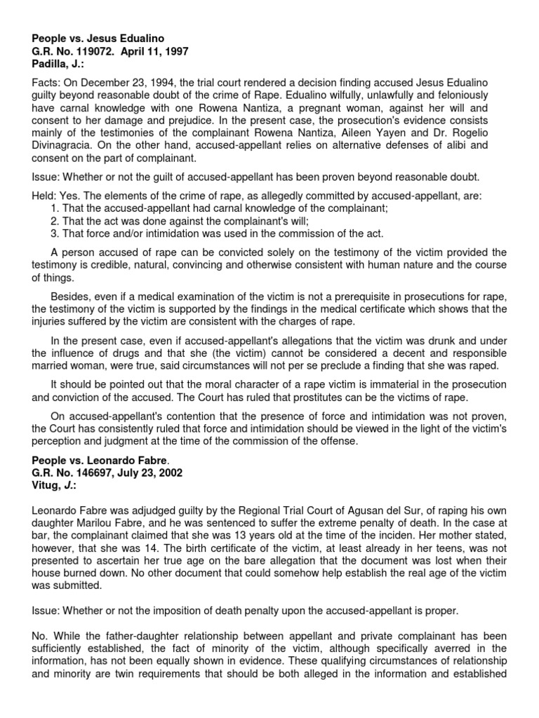 Evid Digest | PDF | Cross Examination | Rape