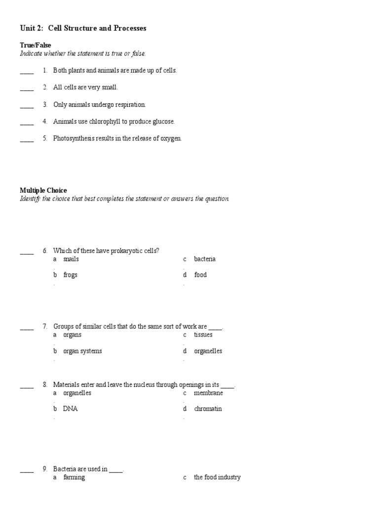 Unit 2 Test - Cells | PDF | Cell (Biology) | Cytoplasm