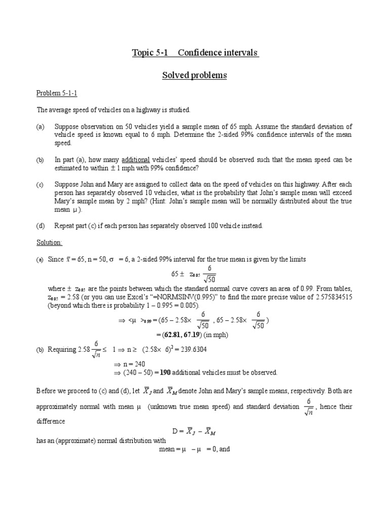 Topic 5-1 Confidence Intervals Solved Problems | PDF | Confidence ...