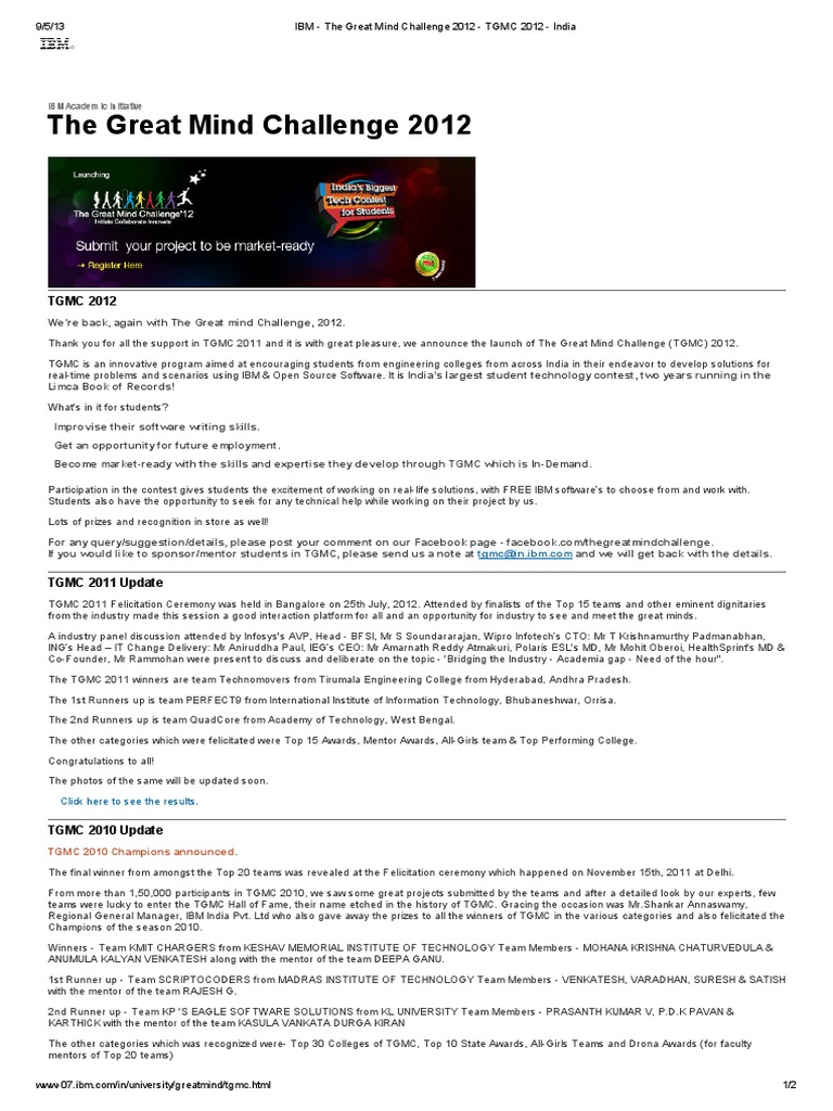 IBM Great Mind Challenge 2012 India | PDF | Ibm | Facebook