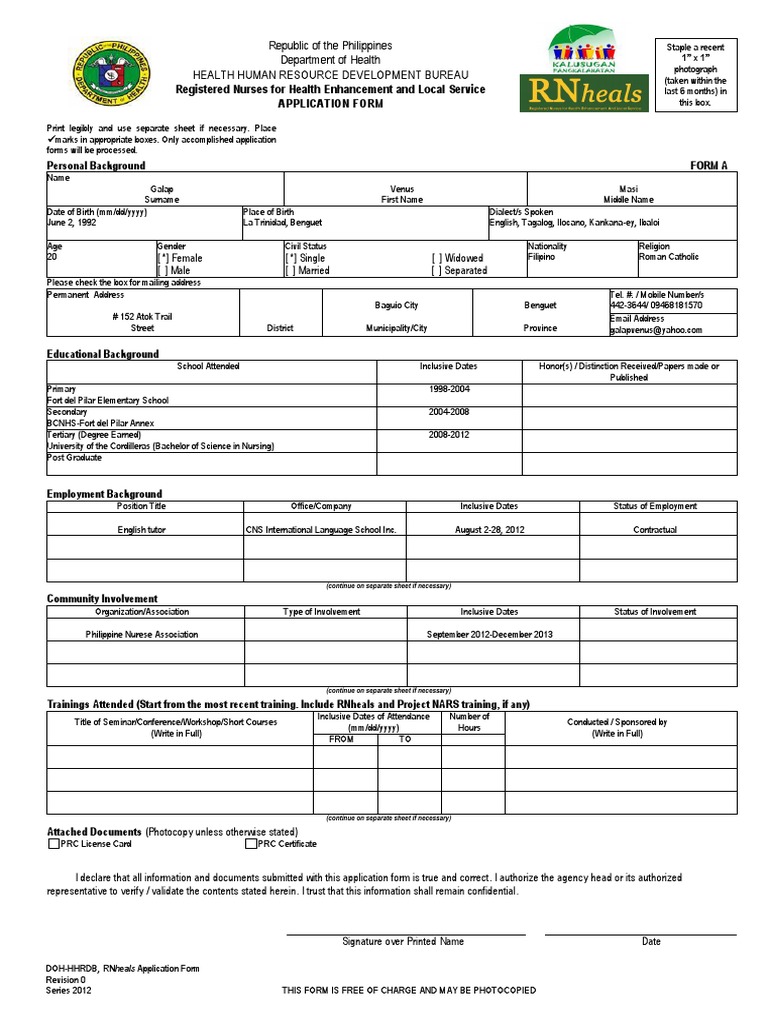 Rnheals Application Form Nurses | PDF | Philippines | Nursing