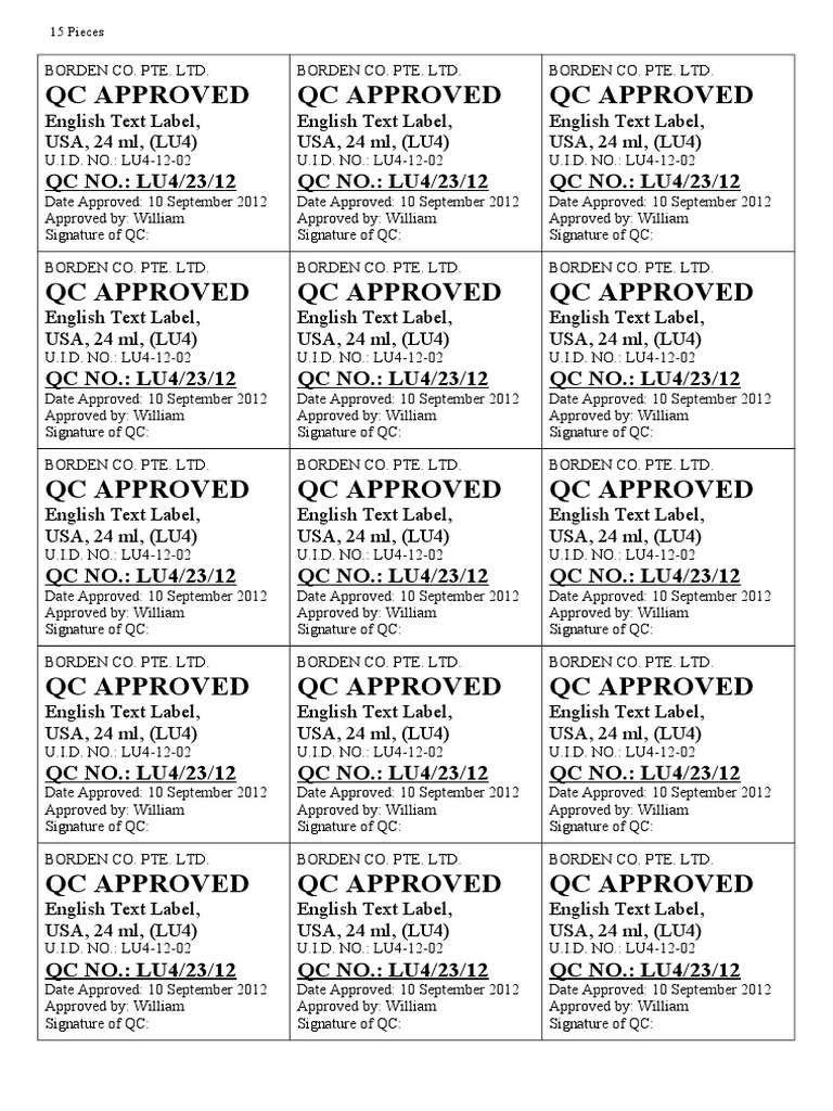 Borden Co. QC Approved Label Details | PDF | Technology & Engineering