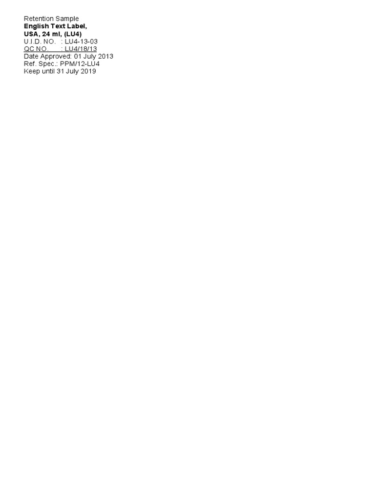 Retention Sample Label - LU4-13-03 | PDF