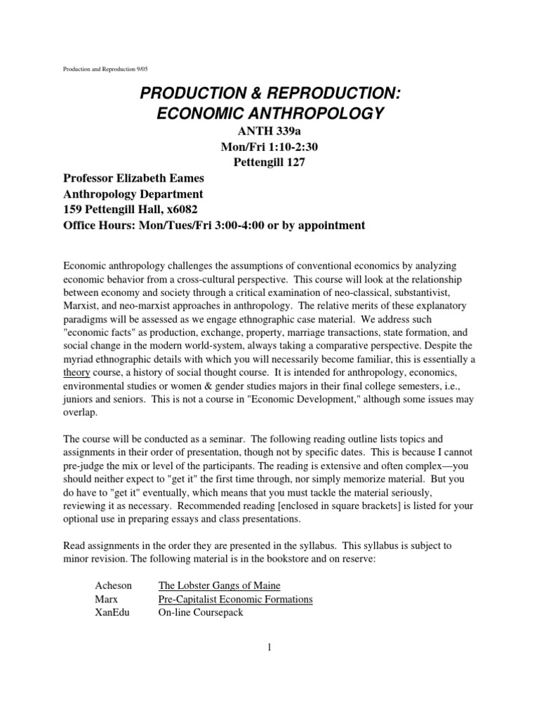 Production & Reproduction: Economic Anthropology | PDF | Anthropology ...