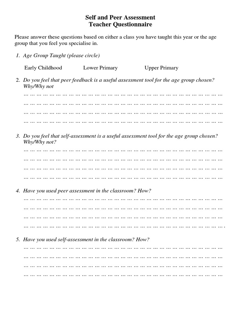 Self and Peer Assessment - Teacher Questionnaire | PDF