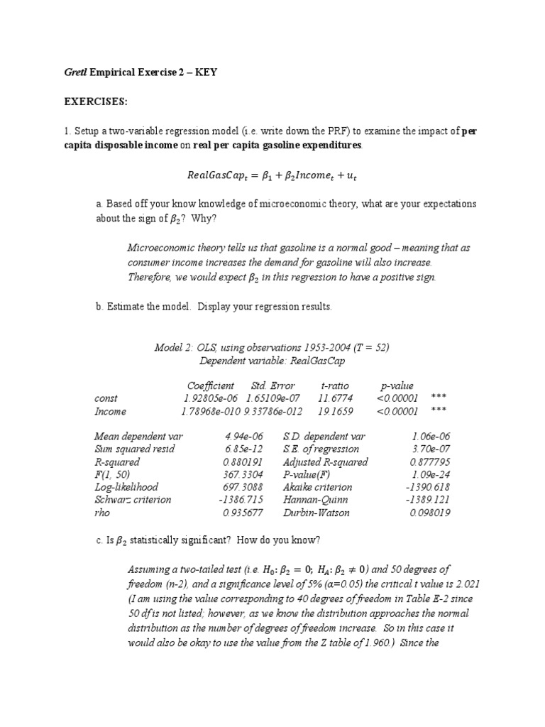 Gretl Empirical Exercise 2 - KEY PDF | PDF | P Value | Coefficient Of Determination