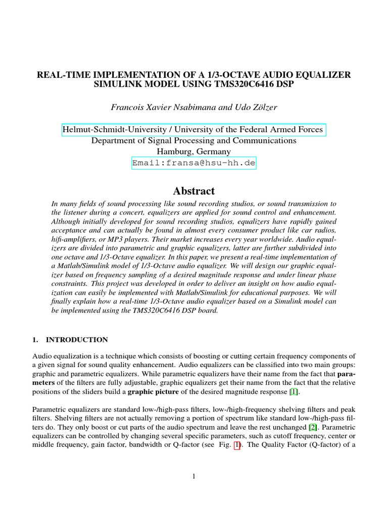 Real-Time Implementation of A 1/3-Octave Audio Equalizer Simulink Model Using TMS320C6416 DSP ...
