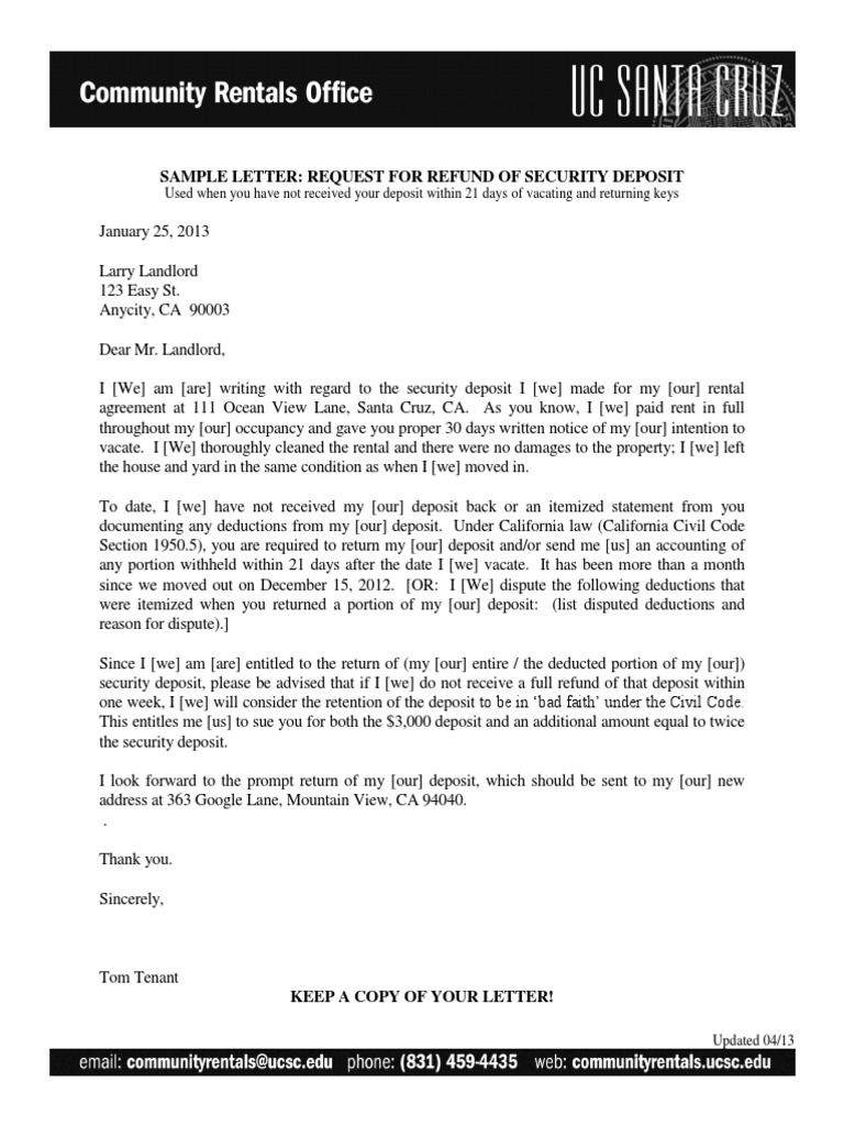 Sample Letter: Request For Refund of Security Deposit | PDF