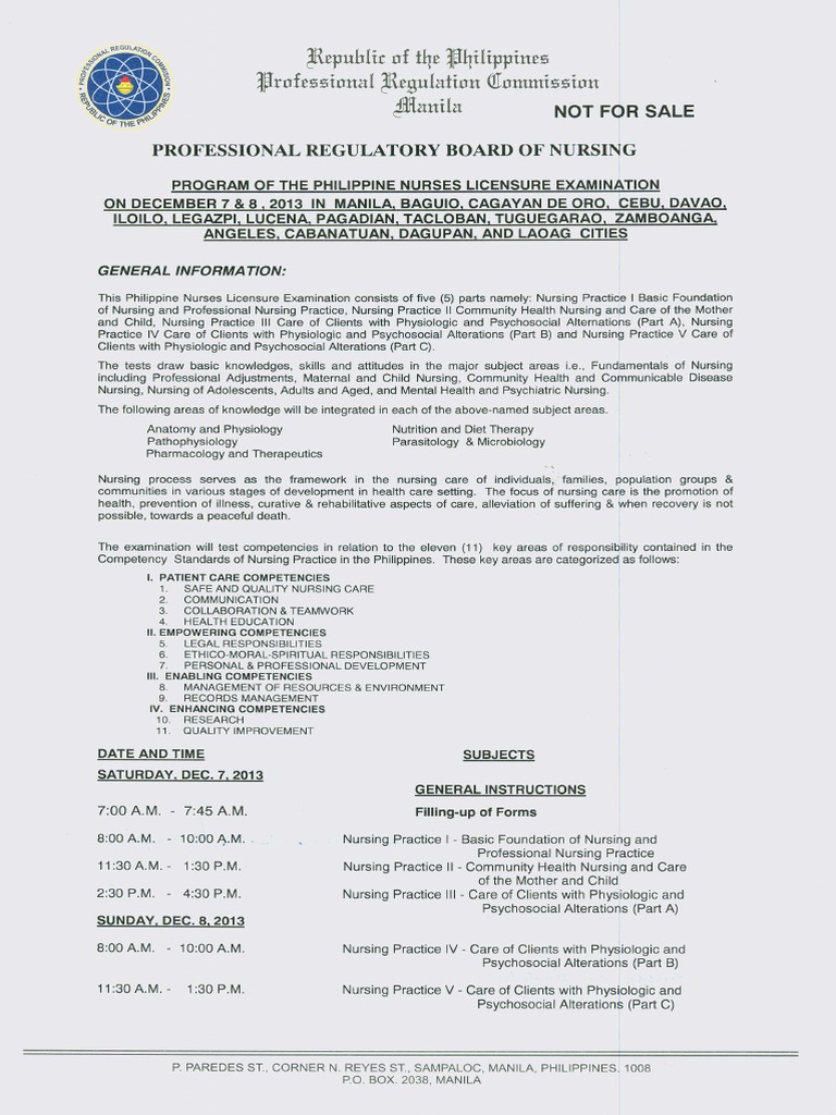 PRC Program of Examination For The December 2013 Philippine Nursing ...