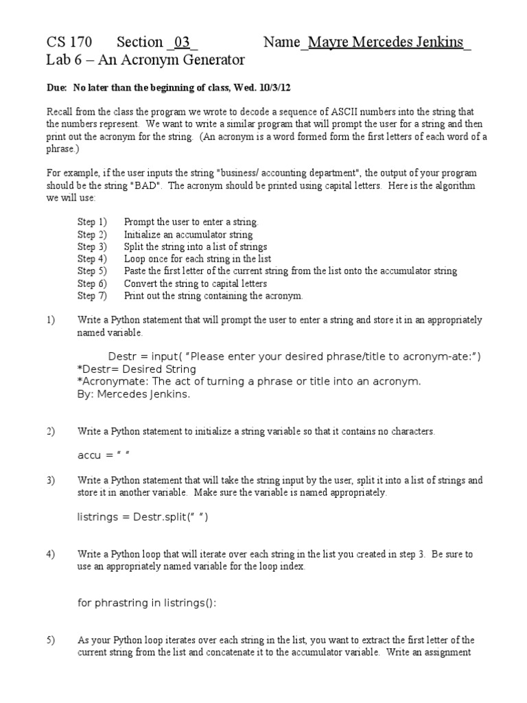 CS170 Lab 6 - Generate Acronyms | PDF | Computing And Information ...