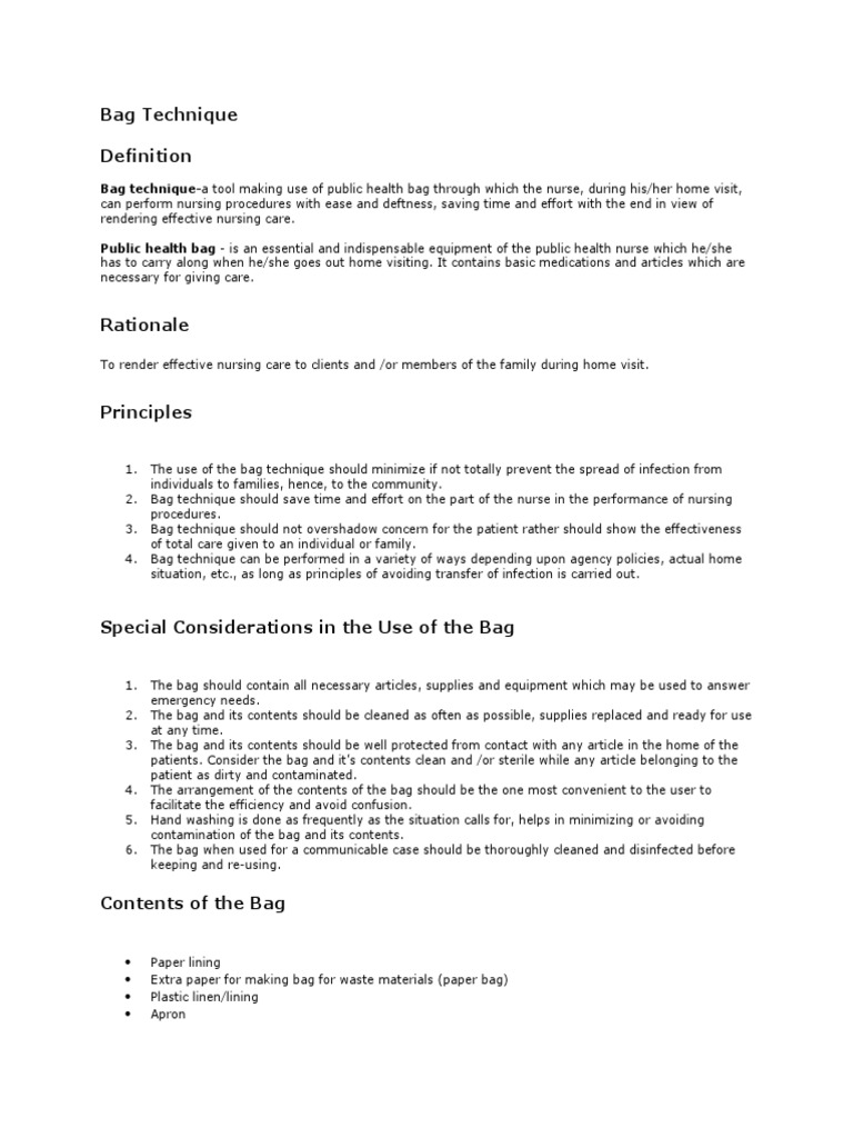 Overview of Bag Technique in Nursing | PDF | Wellness