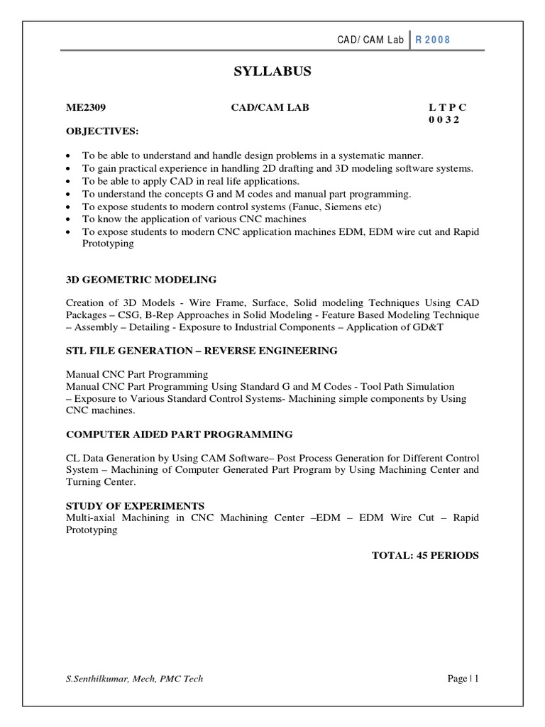 Syllabus Me2309 Cad Cam Lab Ltpc 0 0 3 2 Objectives Pdf Numerical