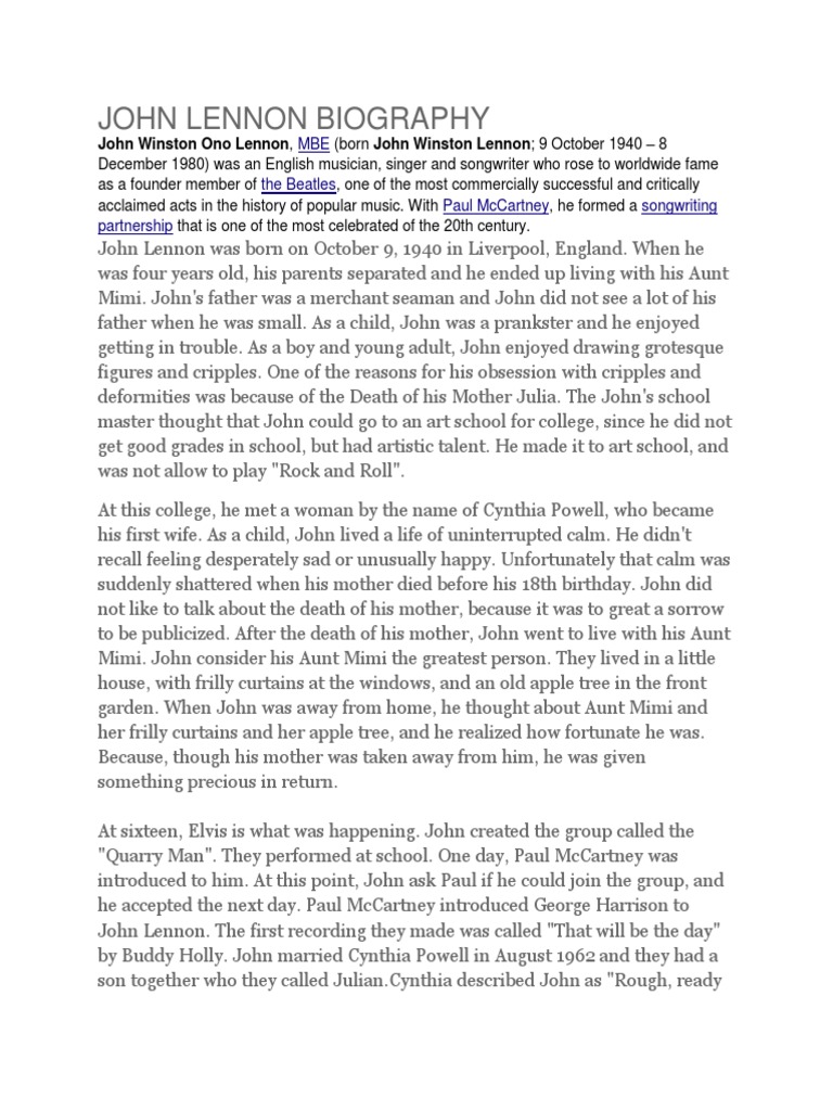 John Lennon Biography | PDF | John Lennon | Families Of The Beatles Members