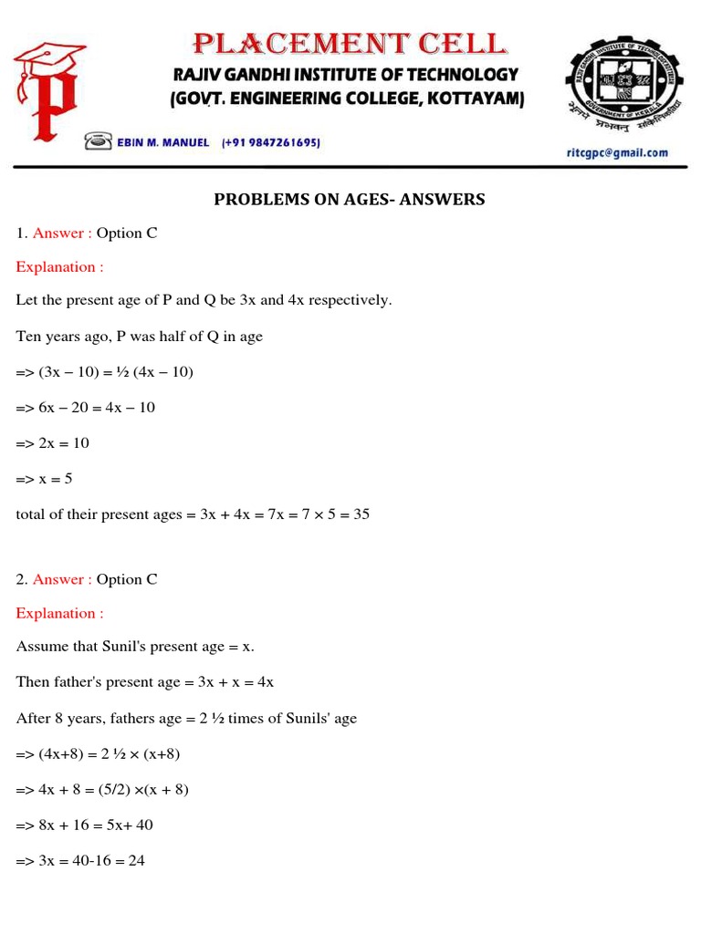 Problems On Ages-Answers: Answer: Explanation | PDF | Quadratic ...