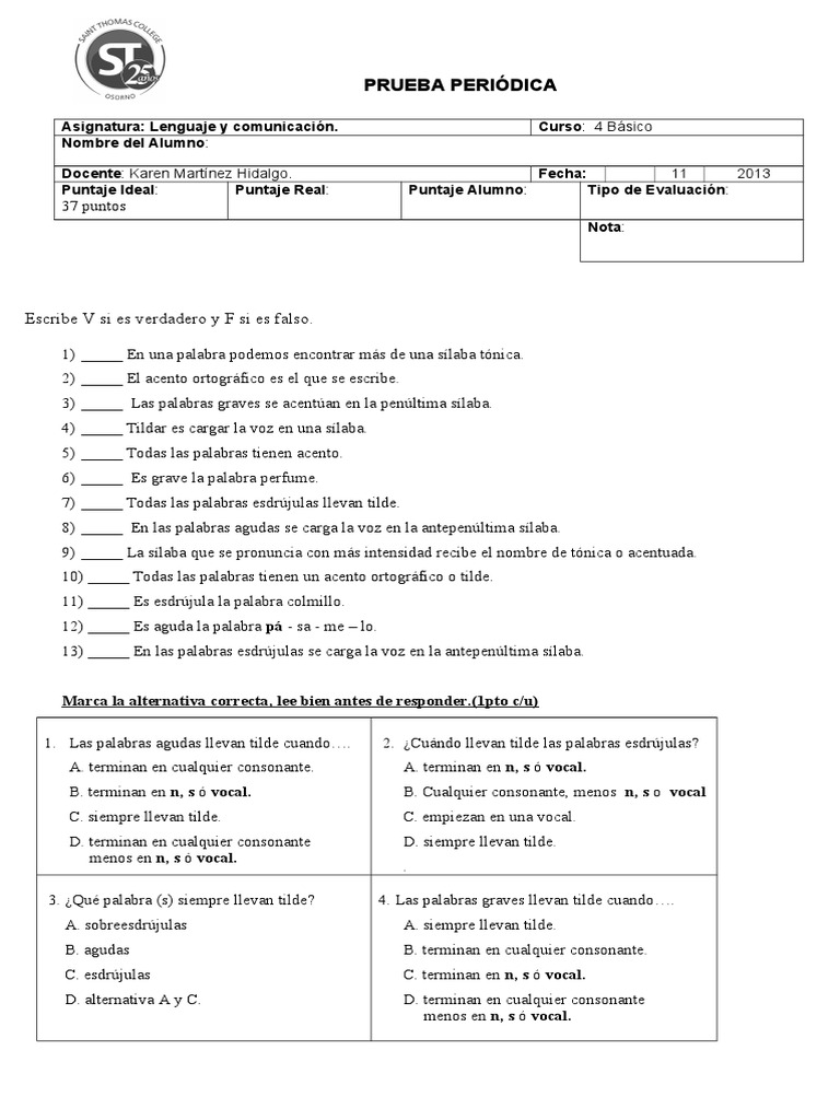 Prueba para Cuarto Los Hiatos y Diptongos | PDF | Lingüística | Idiomas