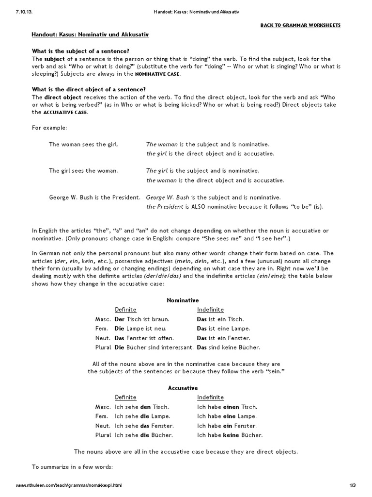 Nominative and Accusative Cases Explained | PDF | Subject (Grammar ...