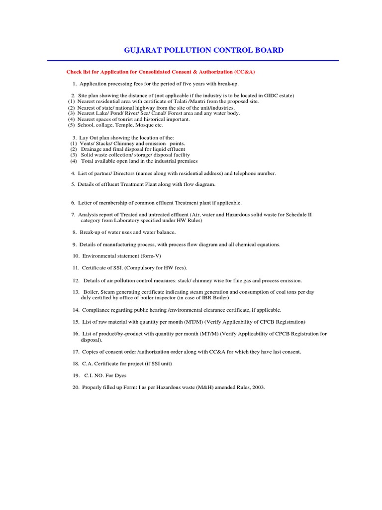 Gujarat Pollution Control Board: Check List For Application For ...