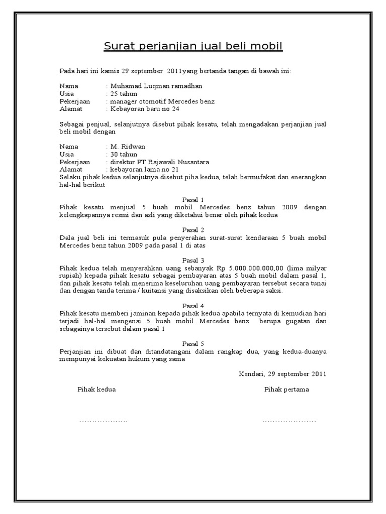 Contoh Surat Jual Beli Kendaraan