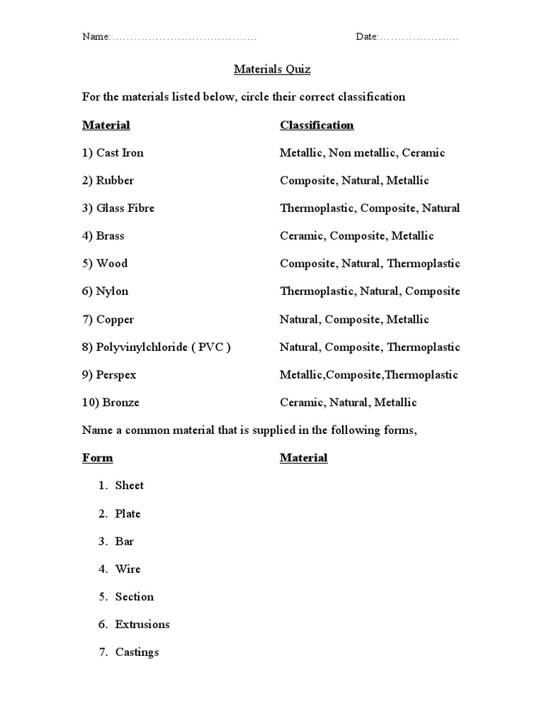 Materials Quiz and Properties Worksheet | PDF | Composite Material | Alloy