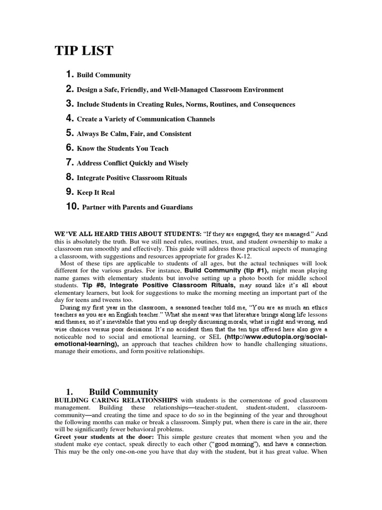 Tip List: 1. Build Community | Download Free PDF | Classroom | Norm ...