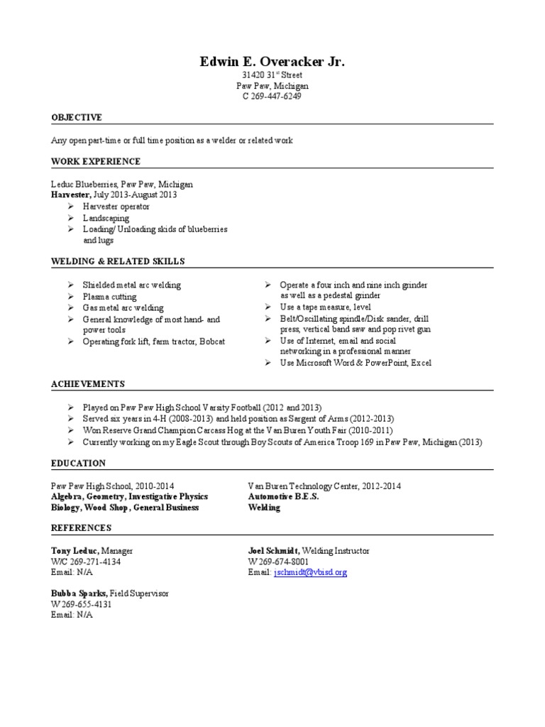 Welder Resume: Edwin E. Overacker Jr. | PDF | Home & Garden