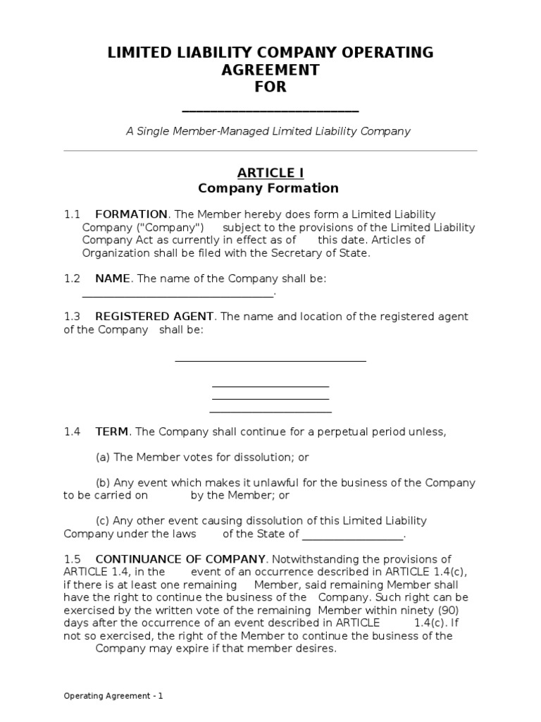 Single Member LLC Operating Agreement | PDF | Limited Liability Company ...