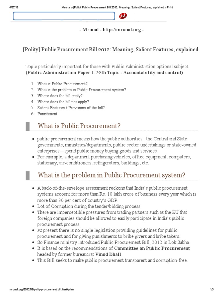 Mrunal (Polity) Public Procurement Bill 2012 - Meaning, Salient ...