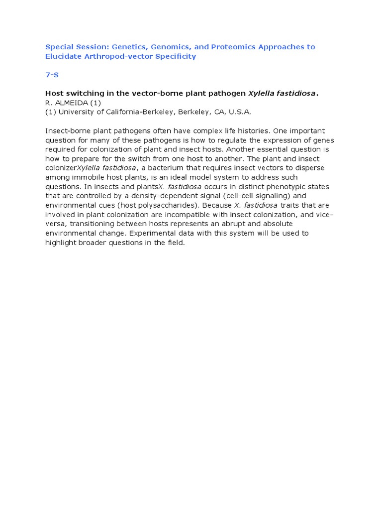 Host Switching in The Vector-Borne Plant Pathogen Xylella Fastidiosa ...