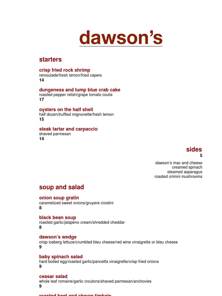 Dawsons Menu | PDF | Cooking, Food & Wine