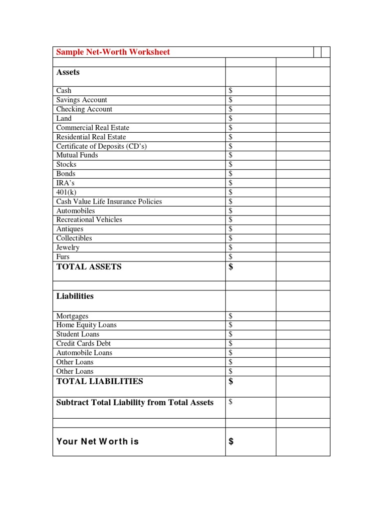Sample Net-Worth Calculation Worksheet | PDF