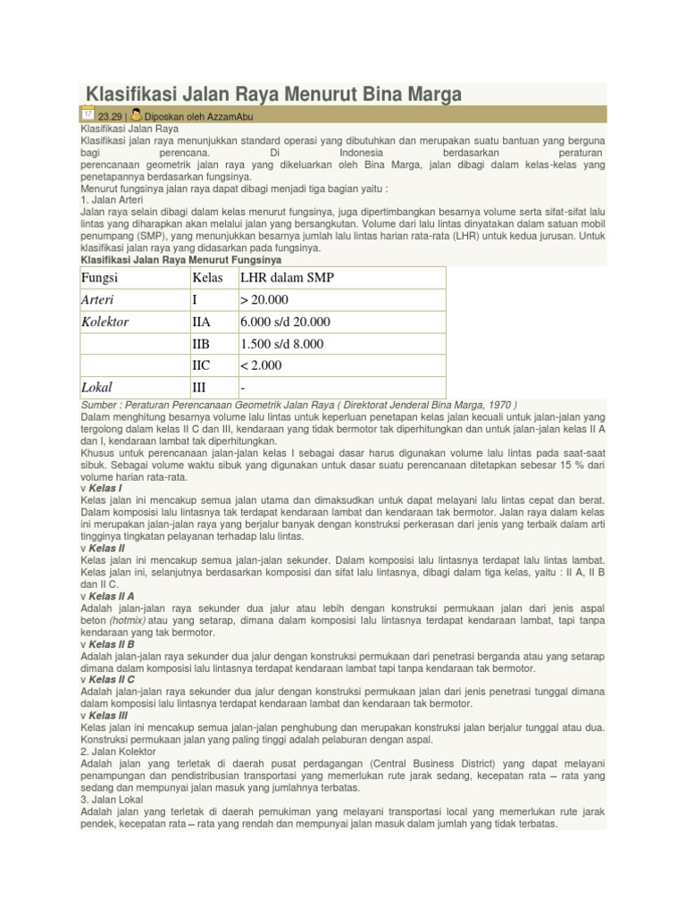 Klasifikasi Jalan Raya Menurut Bina Marga | PDF