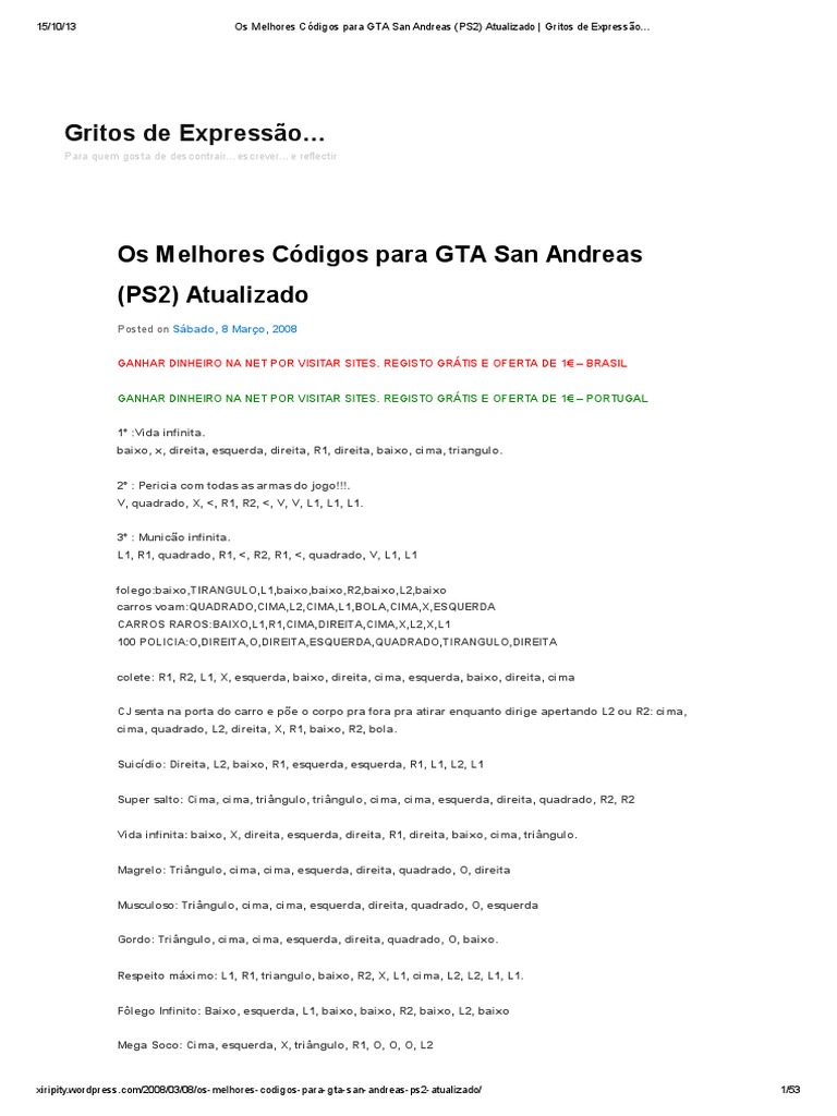 Os Melhores Códigos para GTA San Andreas (PS2) Atualizado - Gritos de Expressão | PDF | Tráfego ...