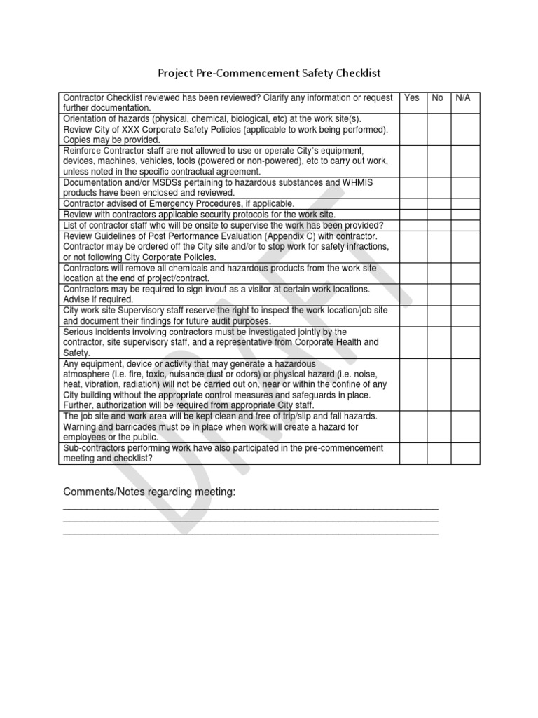 Construction Safety Project Pre-Work Meeting Checklist | PDF | General ...
