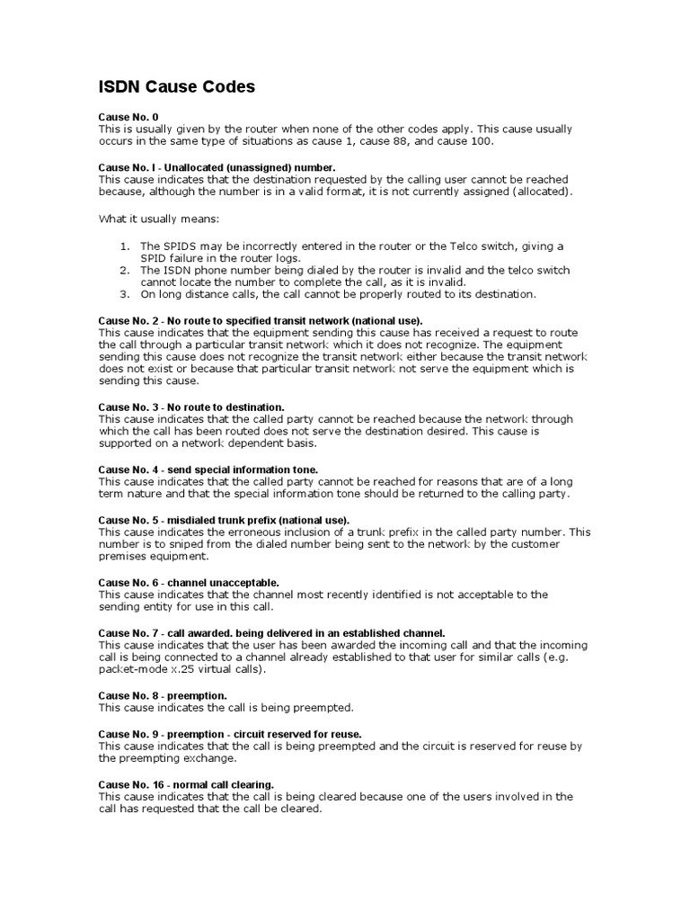 ISDN Cause Codes Explained | PDF | Telephone Number | Computer Network