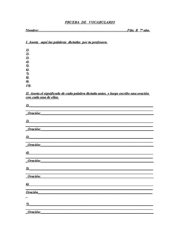 Prueba de Vocabulario para 7º Año | PDF | Lingüística | Idiomas