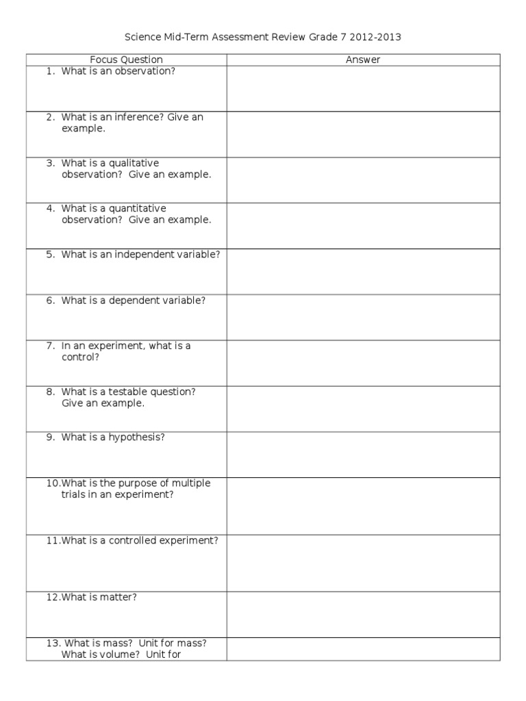 Blank 7th Grade Science Midterm Assessment Study Guide 2012 - 2013 ...
