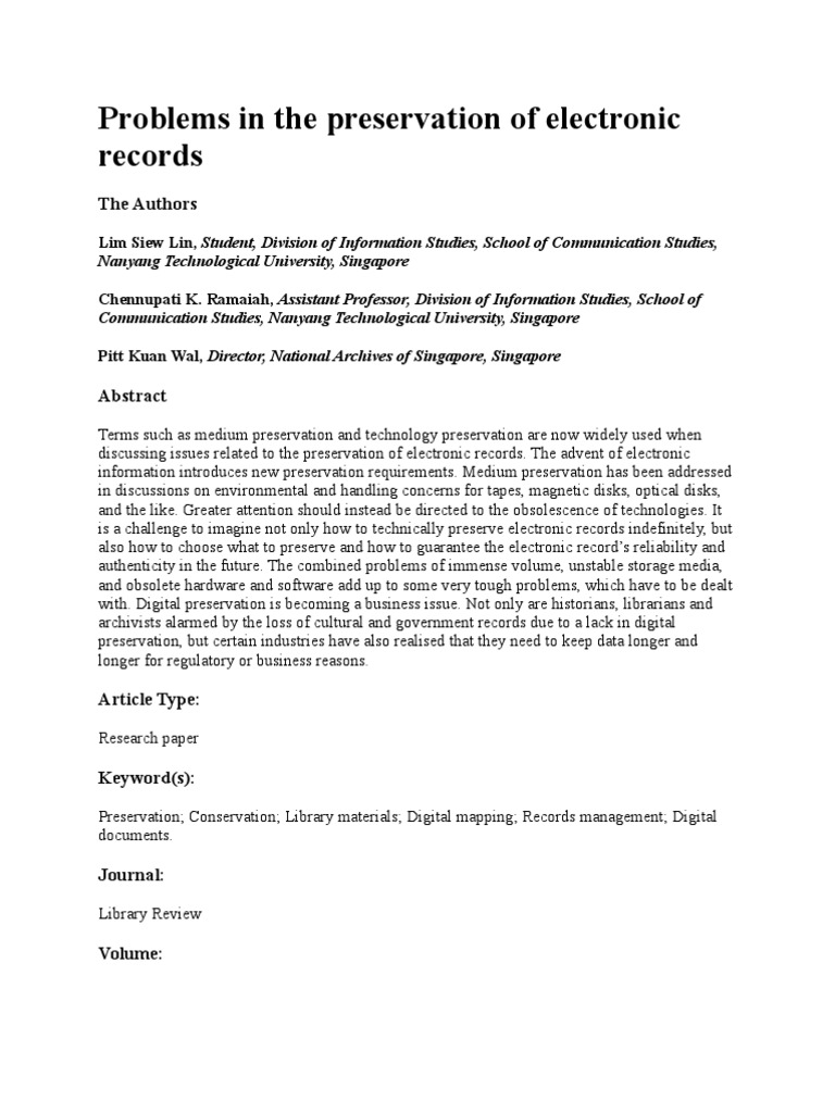 Problems in The Preservation of Electronic Records | Download Free PDF ...