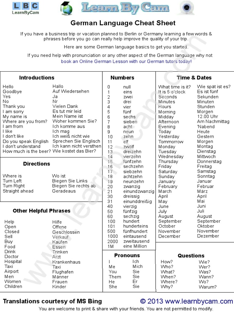 German Language Cheat Sheet PDF | PDF