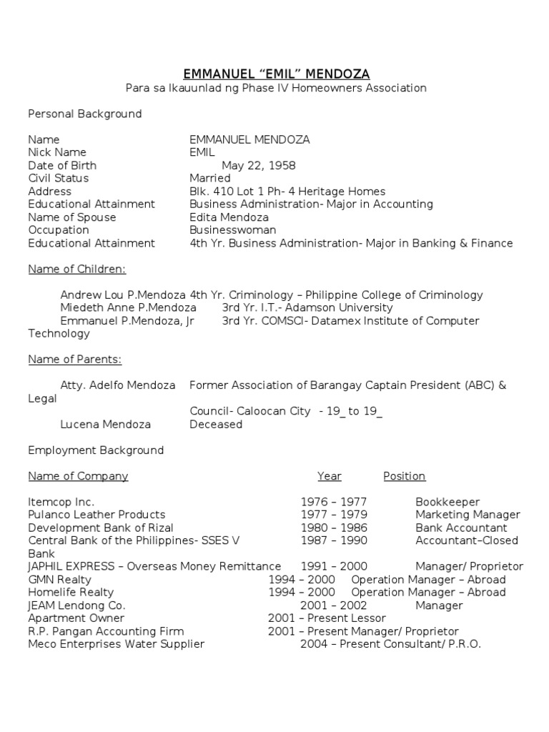 Emmanuel "Emil" Mendoza Profile | PDF