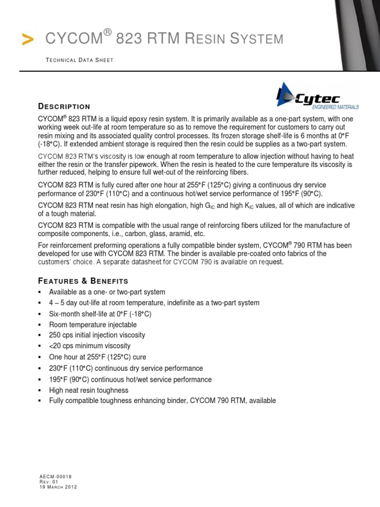 Cycom 823 RTM 031912 | PDF | Ultimate Tensile Strength | Composite Material