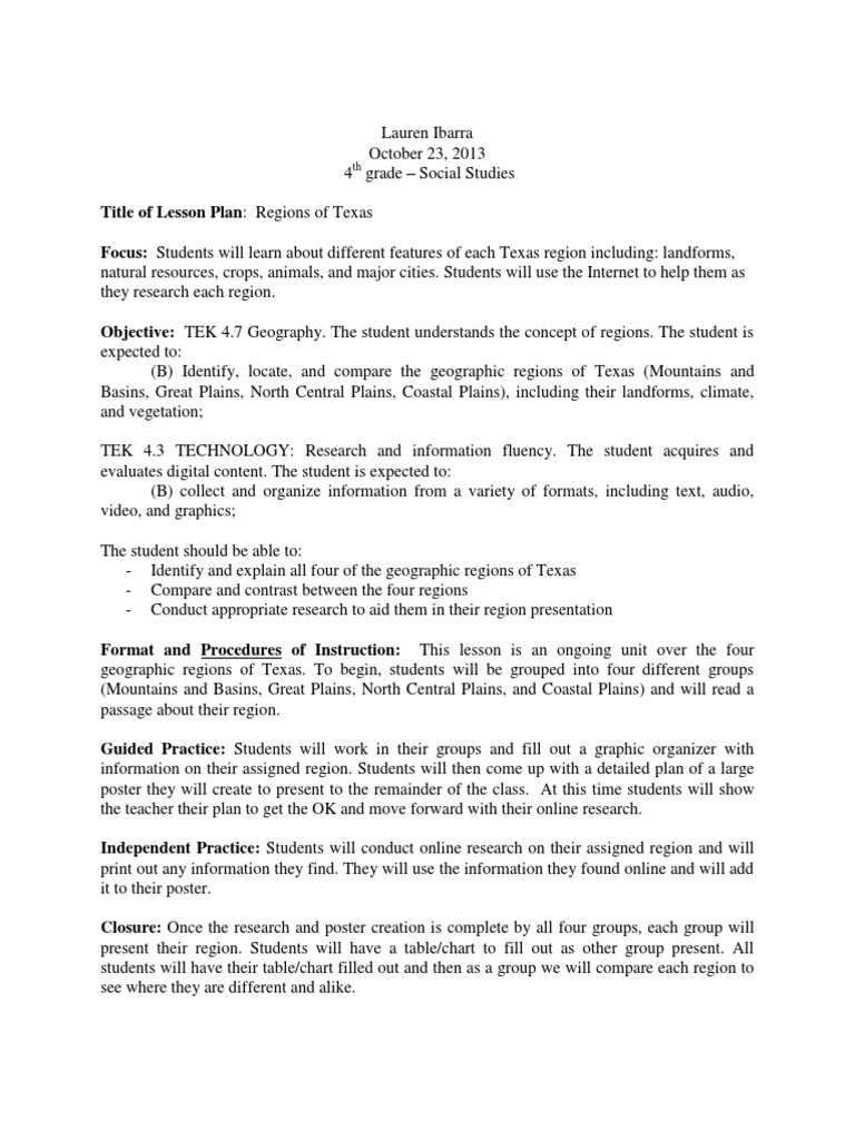 4th Grade Social Studies - Texas Regions | PDF | Lesson Plan | Pedagogy