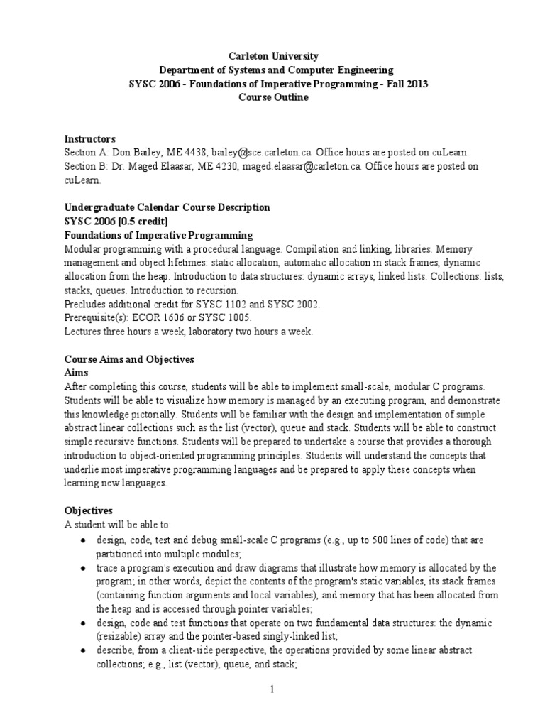 SYSC 2006 F13 Outline | PDF | C (Programming Language) | Subroutine