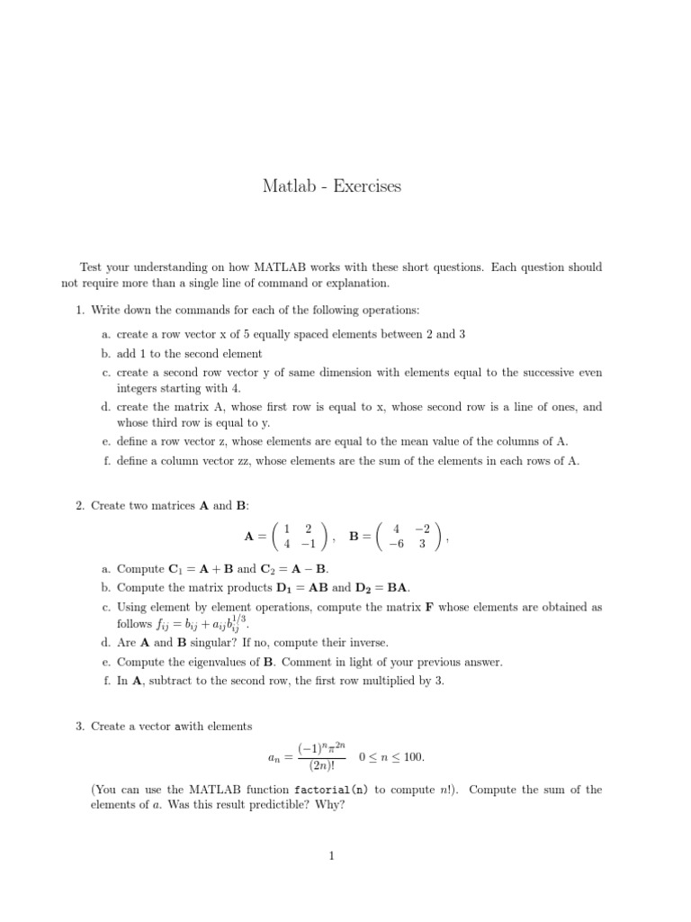 Matlab Exercises | PDF | Matrix (Mathematics) | Operator Theory