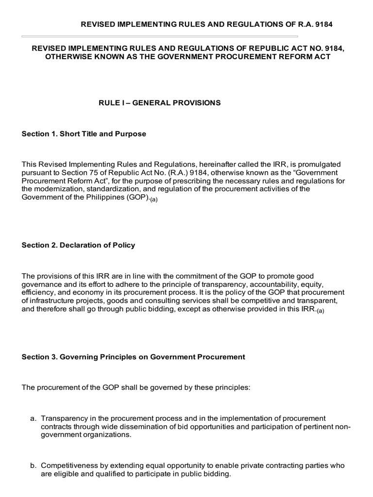 Revised IRR of RA 9184 (Philippines) | Construction Bidding | Procurement