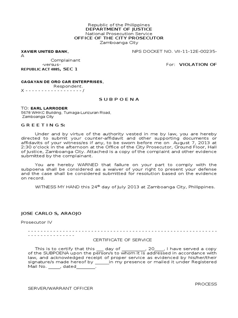 Sample Subpoena For Respondent | PDF | Justice | Crime & Violence