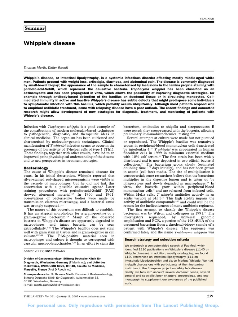 Whipple Disease: Diagnosis and Treatment | PDF | T Cell | Infection