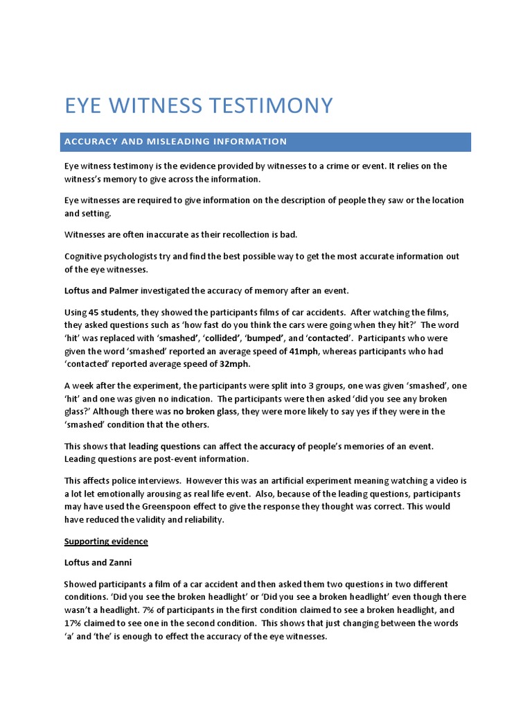Eye Witness Testimony | PDF | Witness | Recall (Memory)