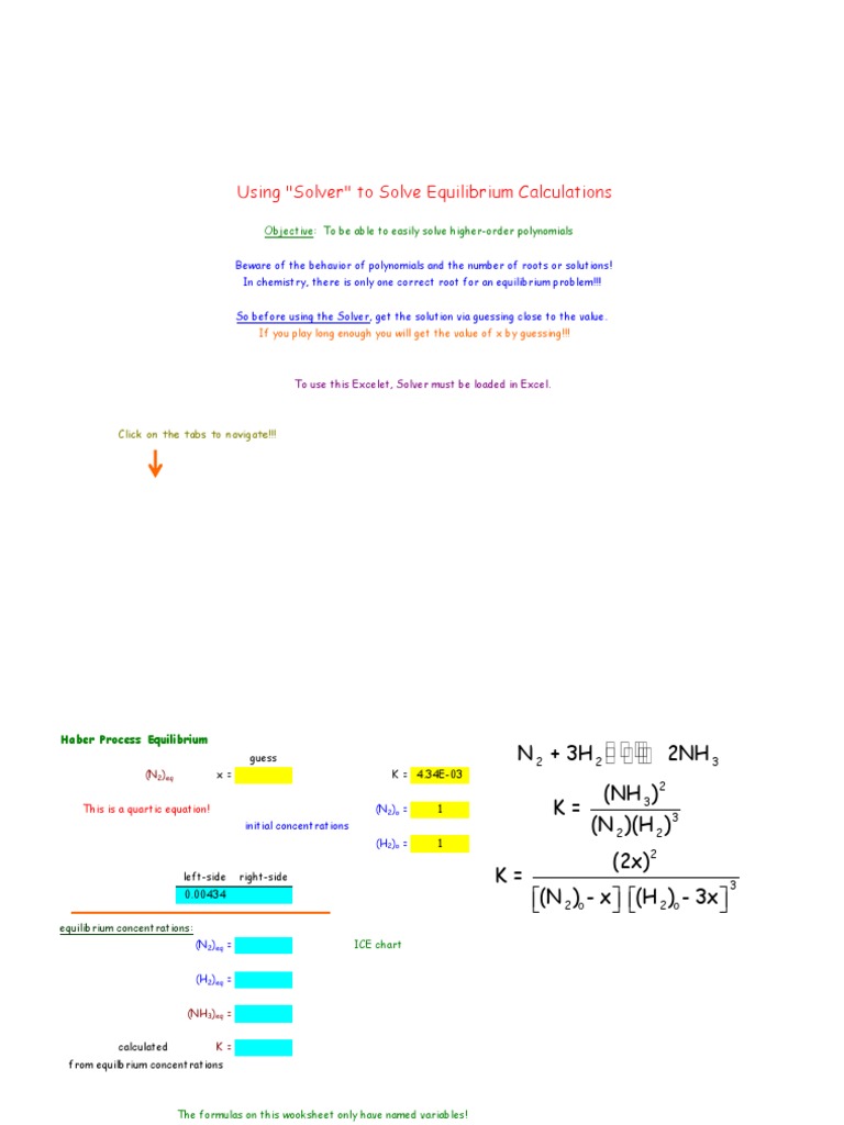 Using "Solver" To Solve Equilibrium Calculations: Excelet | PDF | Chemical Equilibrium | Analysis
